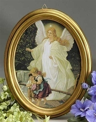 Guardian Angel Framed Art Print in Oval Gold Frame - 8.5" x 10.5"
