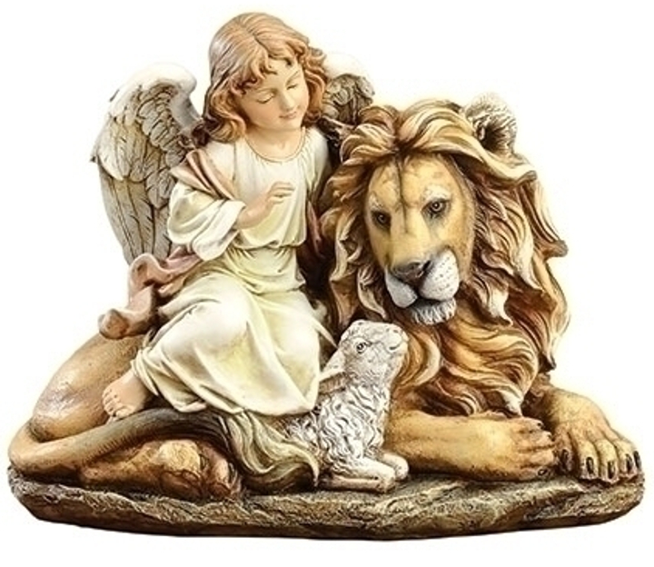 Lion & Angel With The Lamb Statue - 14.5" W x 11.5" H - Resin Stone Mix
