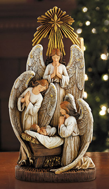 Angels In Adoration of Baby Jesus Statue Figurine - 13 Inch - Stone Resin