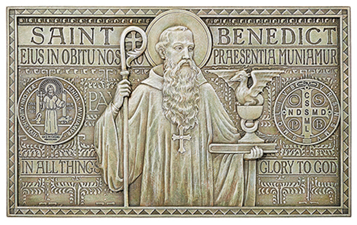 St. Benedict Outdoor Garden Plaque - 12 Inch Wide - Made of Stone Resin