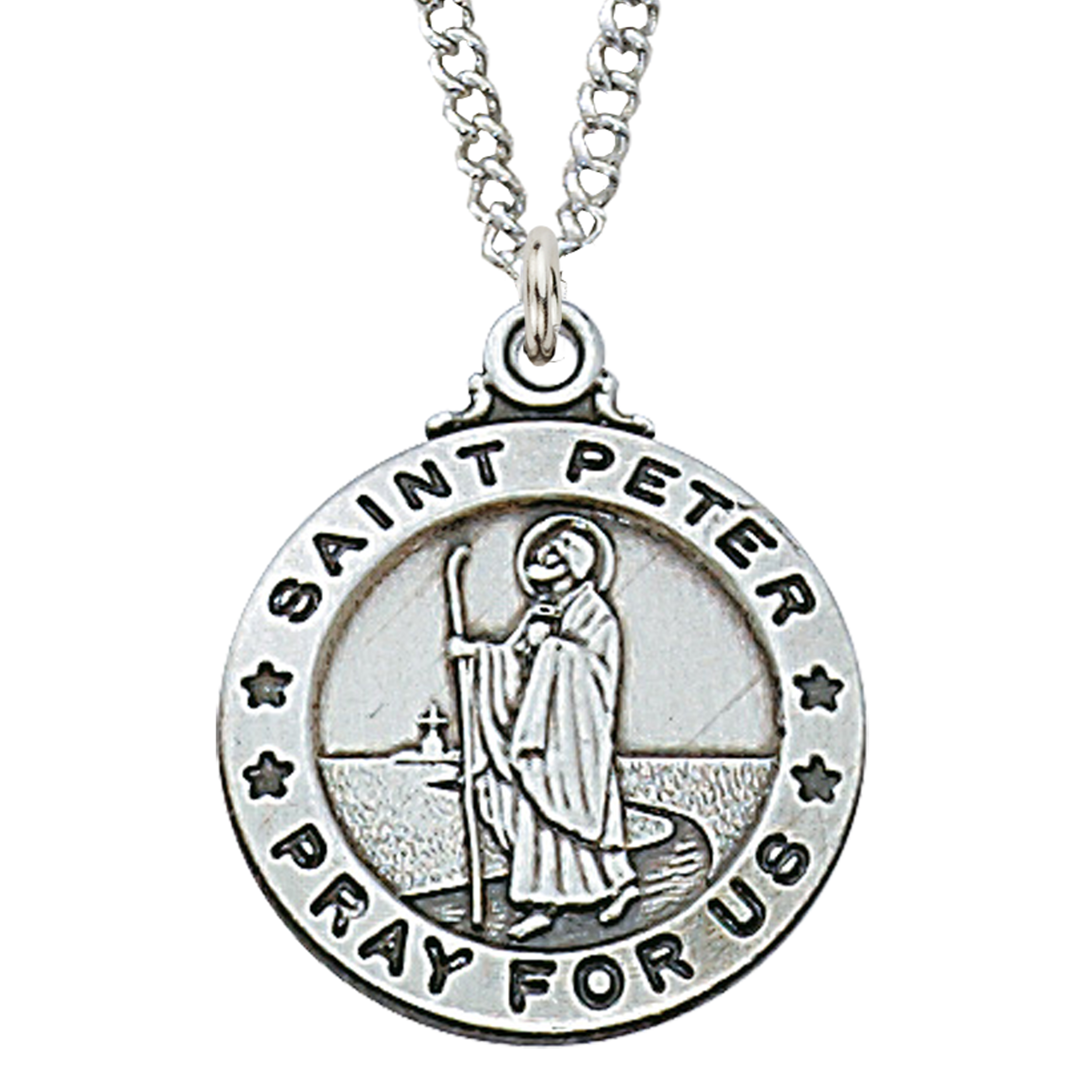 Sterling Silver St. Peter Medal Necklace With 20 Inch Rhodium Plated ...