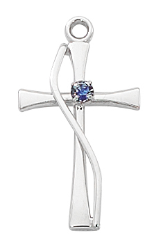 Sterling Silver Cross Necklace With blue glass stone on 18 Inch rhodium ...